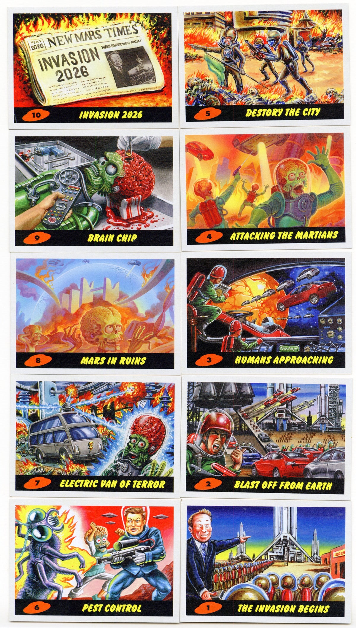 2021 Topps Mars Attacks Invasion 2026 Complete 10 Card Set ELON MUSK T ...