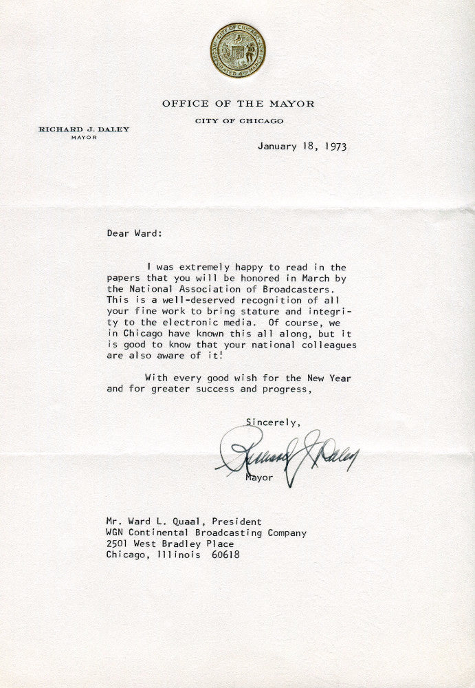 Original Signature Letter Chicago Mayor Richard J. Daley January 18 ...